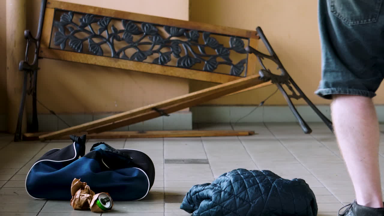 Homeless Man Walking To Street Camp Drunk Throwing Hat With Empty Beer ...