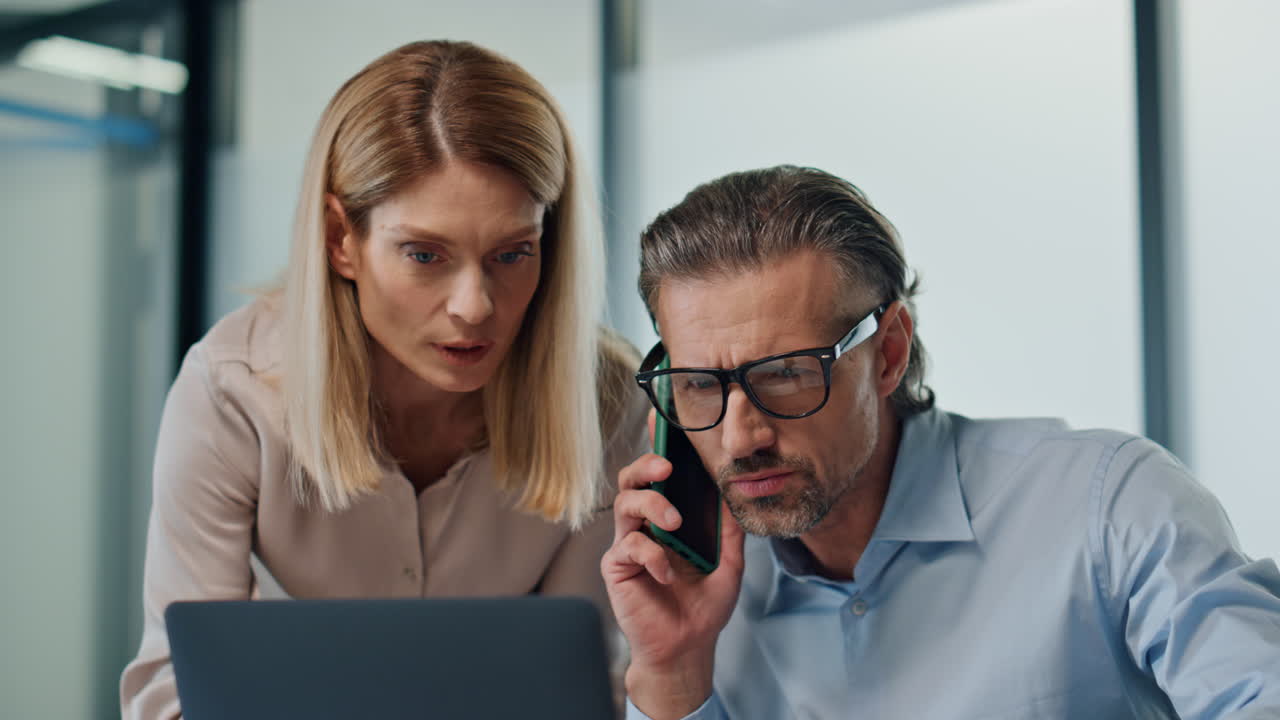 Business people working laptop office closeup. Colleagues brainstorming ...