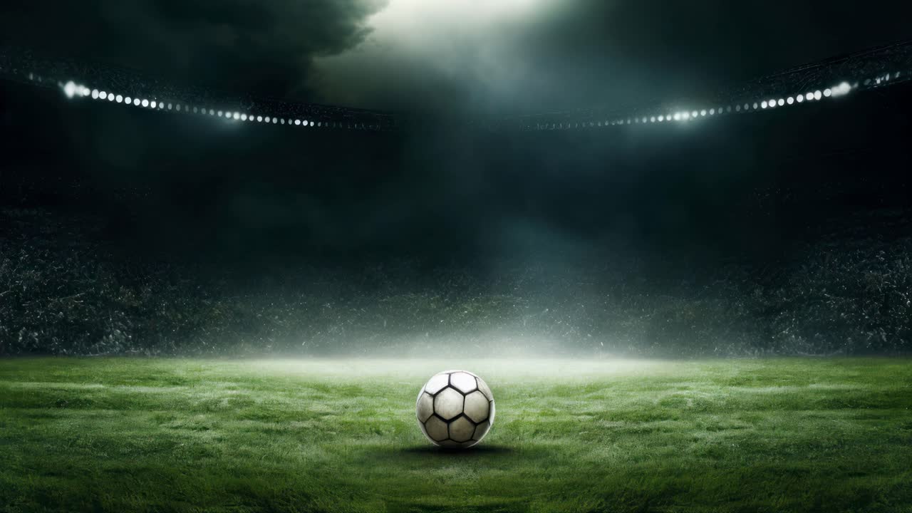 Dramatic low-angle shot of a soccer ball on a misty field under stadium ...