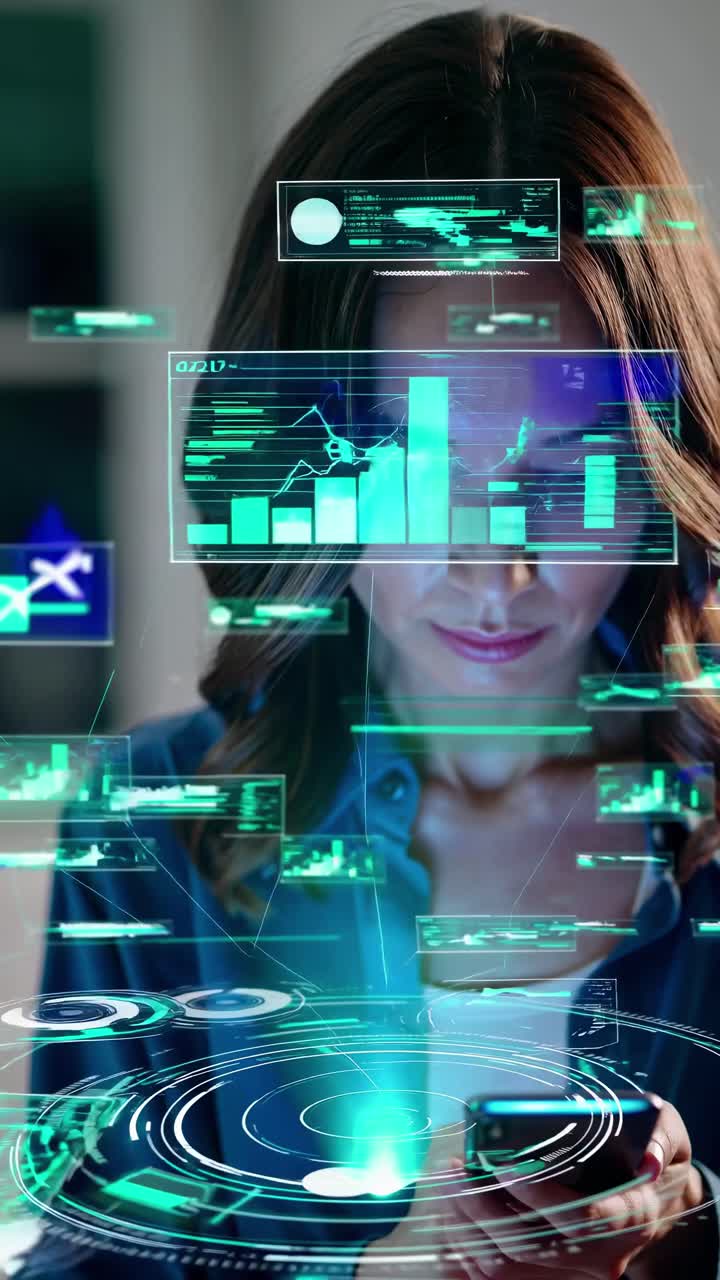 A futuristic video concept with a woman using a smartphone, surrounded ...