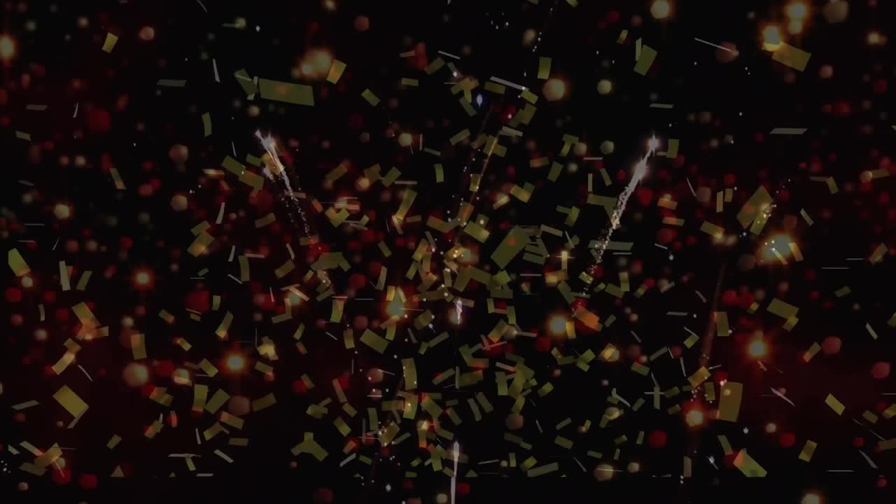Animation of fireworks exploding and confetti falling against black ...