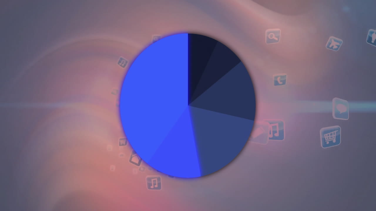 Premium stock video - Rotating pie chart animation over various digital icons on gradient background