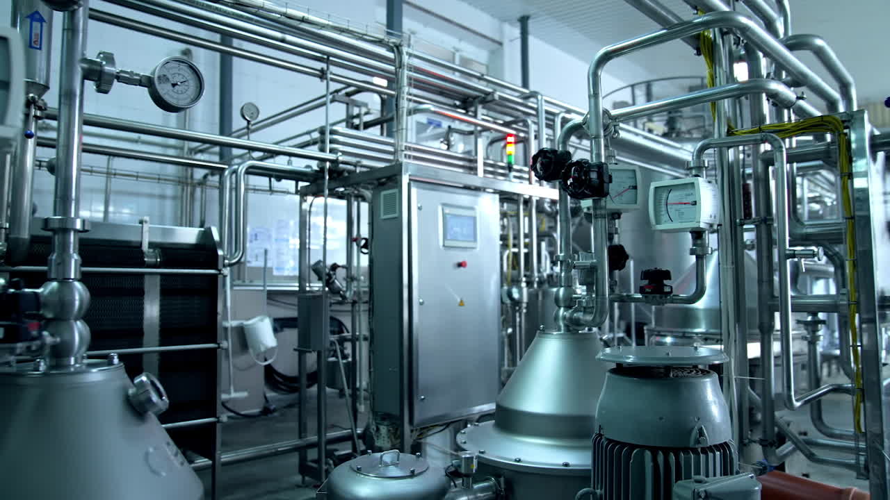 ?omplex pipe system with sensors at milk production factory. Ramified ...