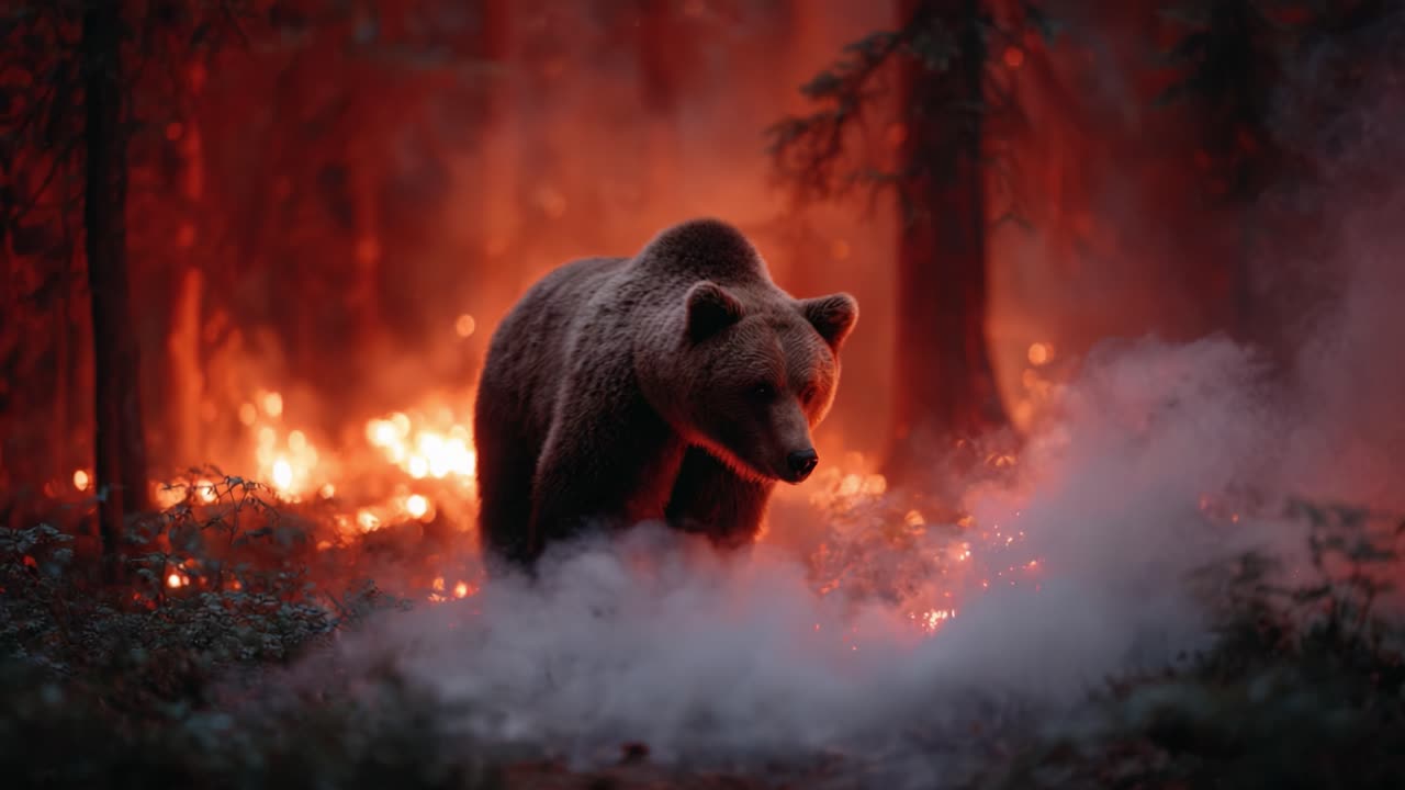 A Majestic Bear Navigates Through a Smoky Forest Environment ...