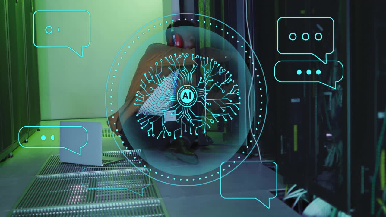 Animation of ai data processing over asian man using vr fixing computer server Premium Stock ...