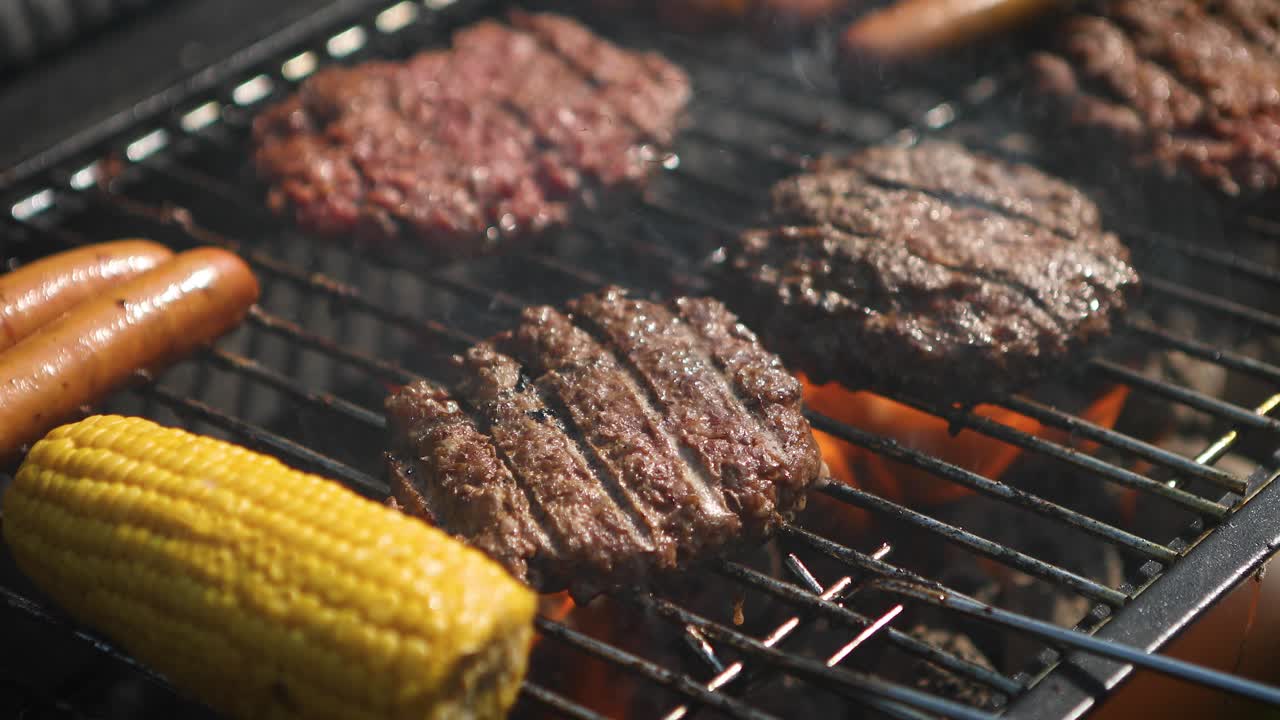 Mixed american barbecue food on hot grill Premium Stock Video Footage