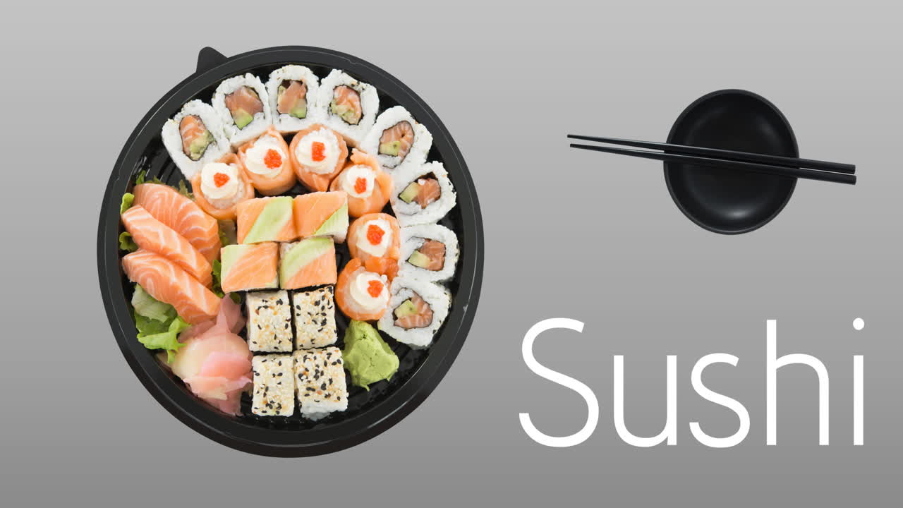 Animation of sushi and sushi plate with sticks on grey background ...