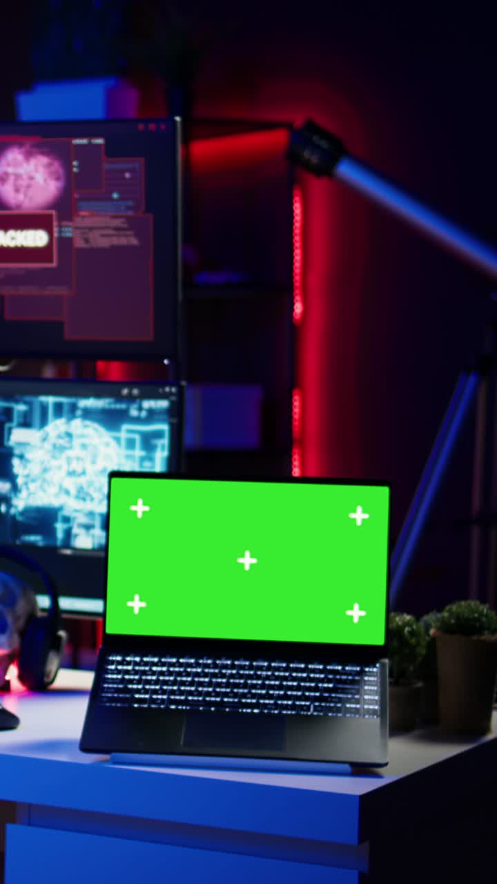 Vertical video Green screen laptop used by hacker in underground ...