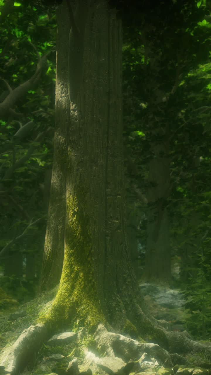 Vídeo Premium - Escena de bosque iluminado por el sol con tronco de ...