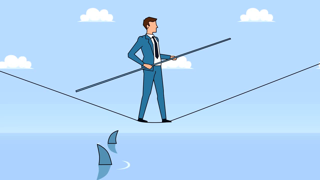 Flat cartoon businessman character walking a tightrope over the sea ...