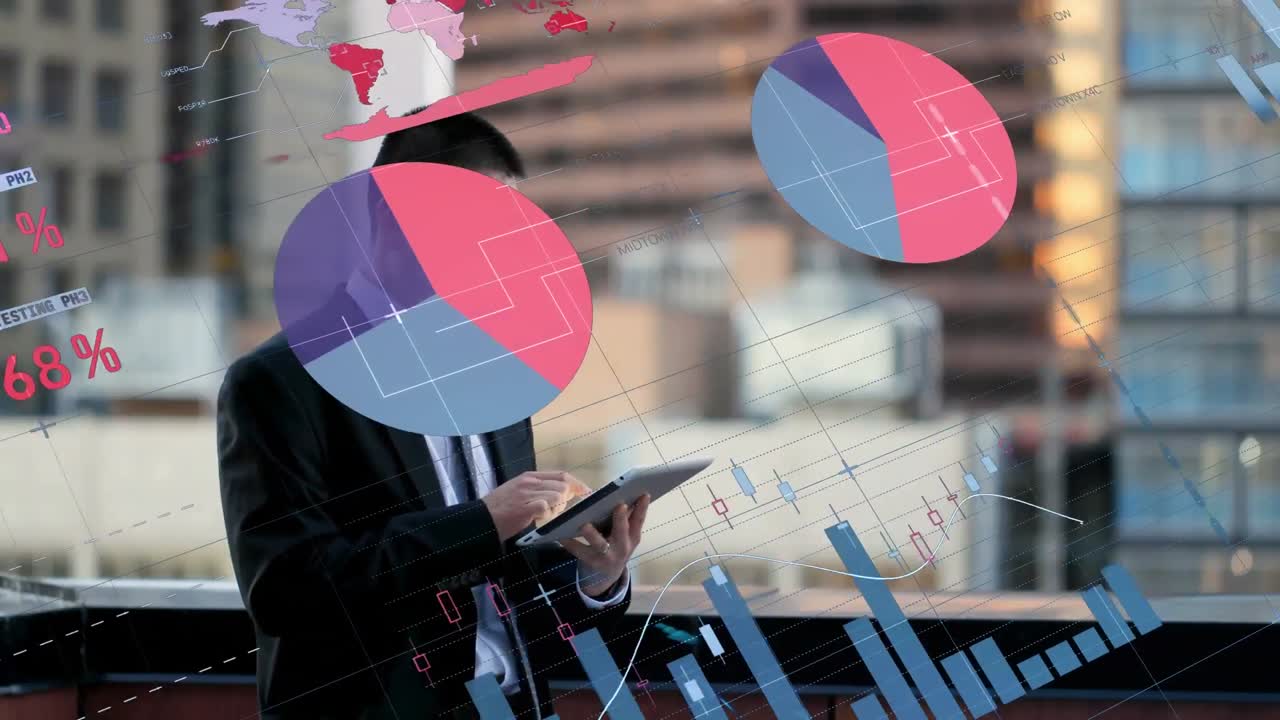 Premium Stock Video Animation Of Statistical Data Processing Against Asian Businessman Using