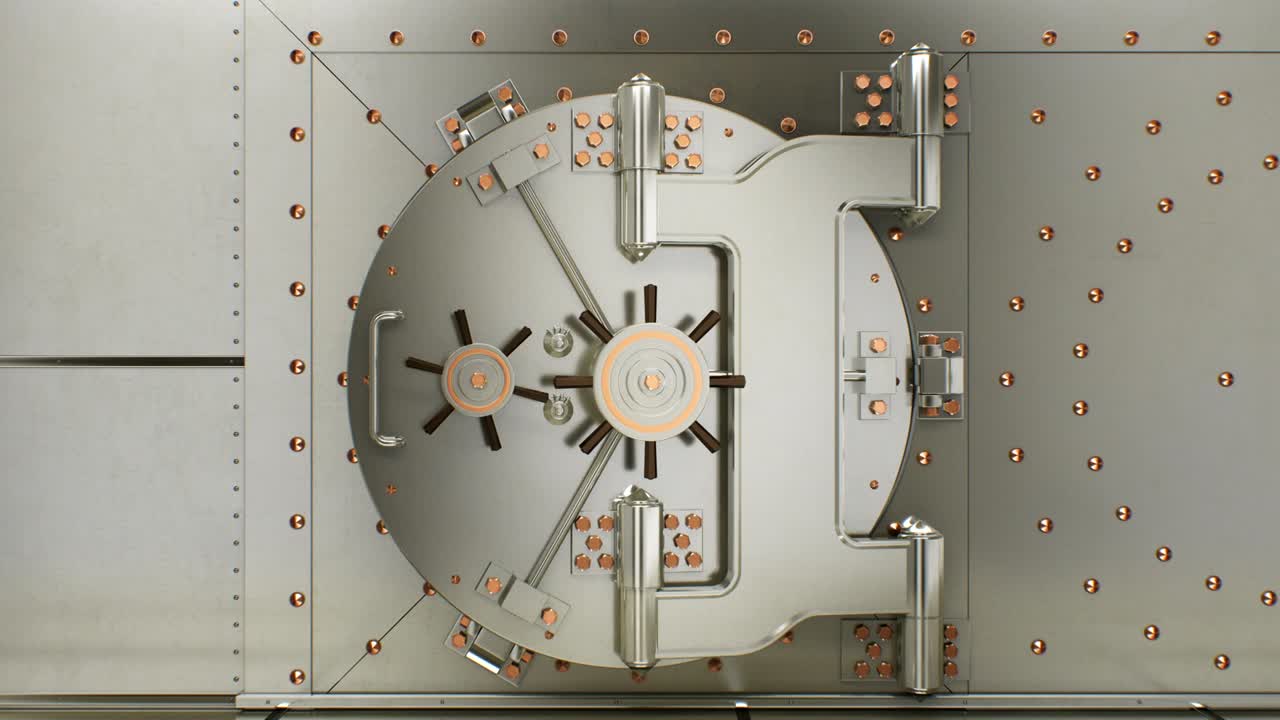 Beautiful round vault door opening slow and camera flying inside. 3d ...