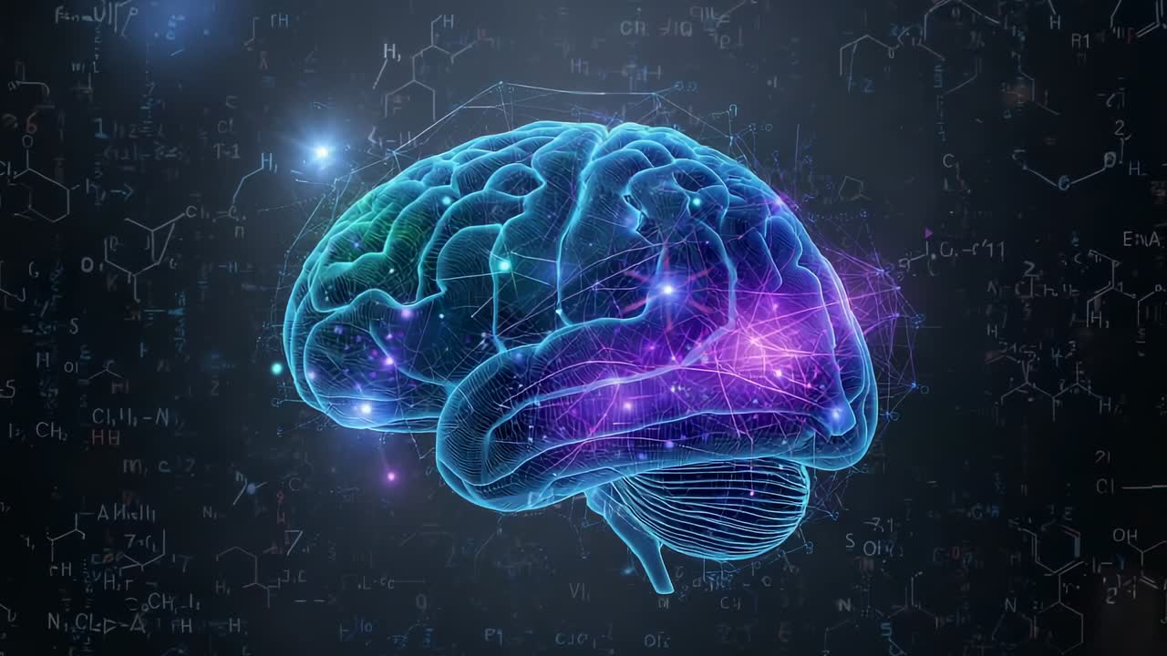 Emerging 3D brain model rotating in virtual lab, with pulsing neural ...