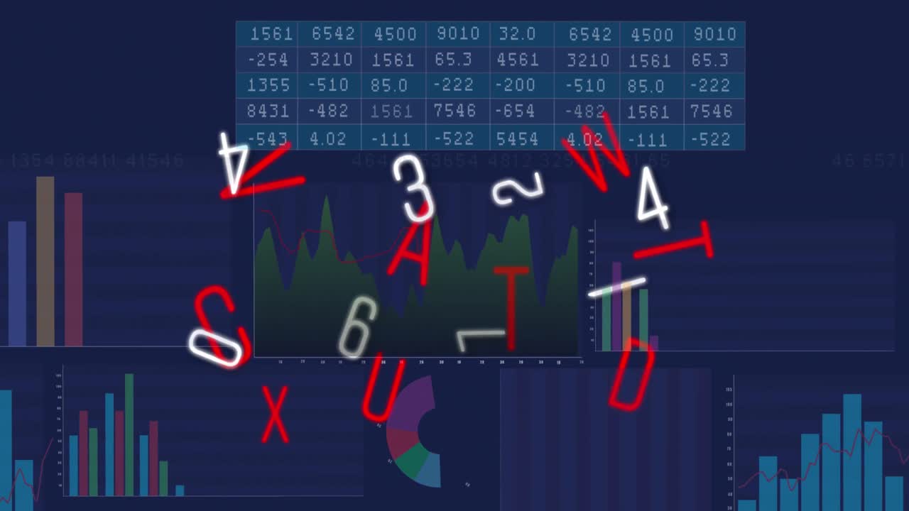 Premium stock video - Animation of changing numbers and alphabets floating against statistical ...
