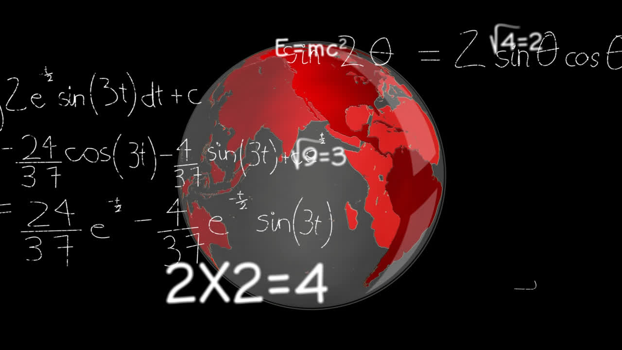 Animation of a rotating globe and mathematical formulae floating on ...