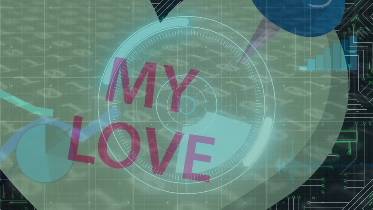 Premium stock video - Animation of data processing and scope scanning over my love text and ...