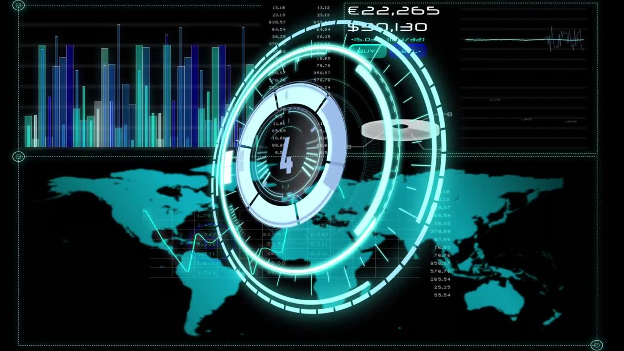 Premium stock video - Animation of scope scanning with countdown over data processing and world map