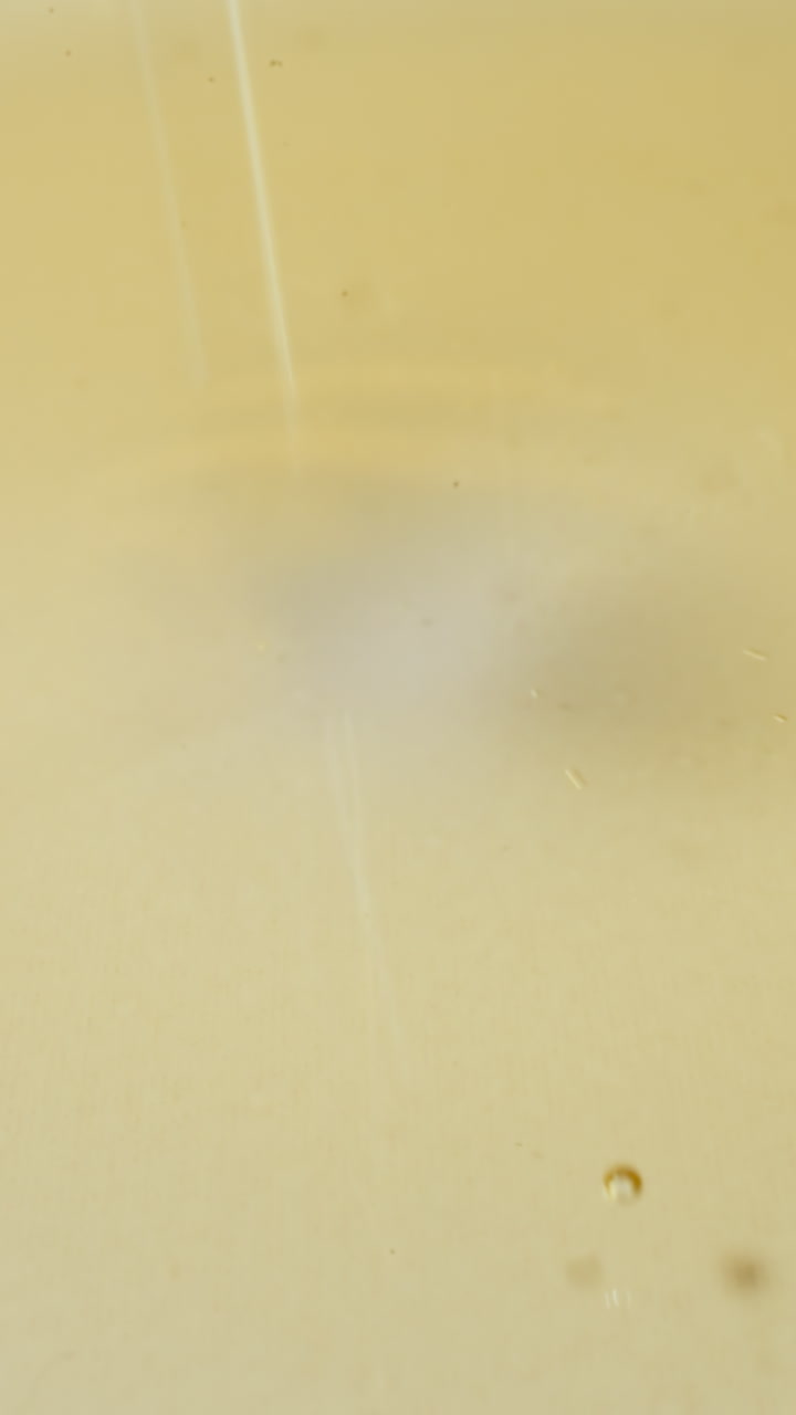 Drops of jojoba oil fall on white surface leaving round traces. Golden ...