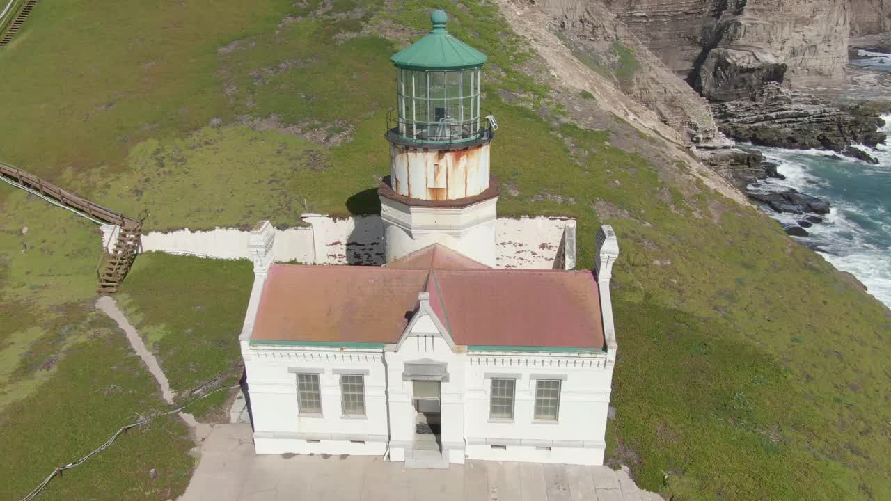 Historic Lighthouse On Coastal Cliffs, Aerial Descent With Tilt Free ...