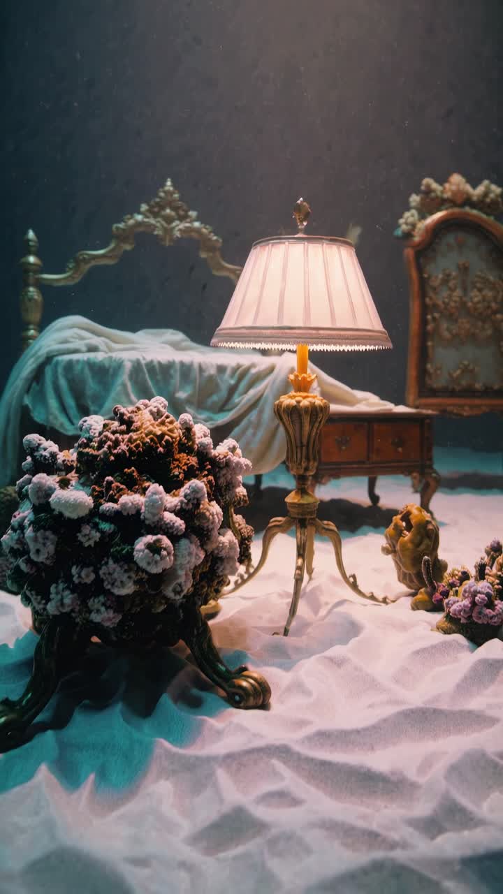 Antique bedroom furniture sinking into the seabed, light beams ...