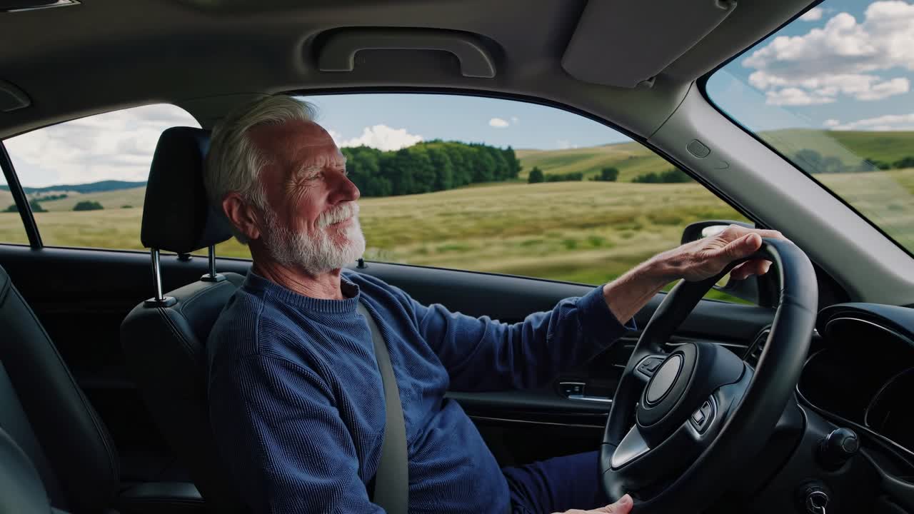 Retired gentleman savoring scenic countryside drive, experiencing ...
