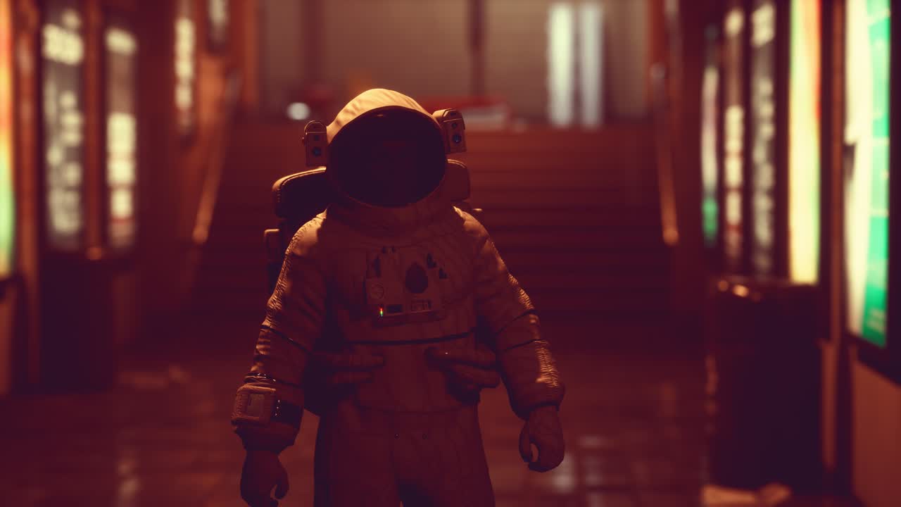 Premium stock video - Astronaut at underground metro subway