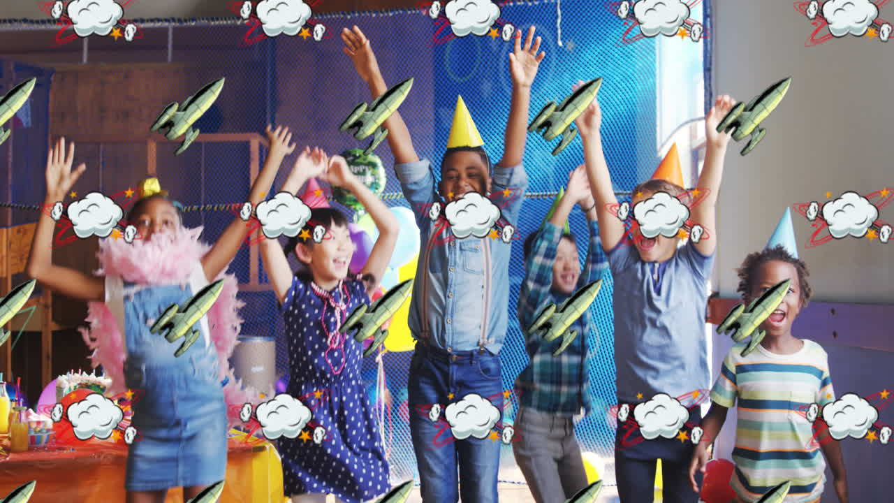 Premium stock video - Rocket and cloud icon moving against kids wearing ...