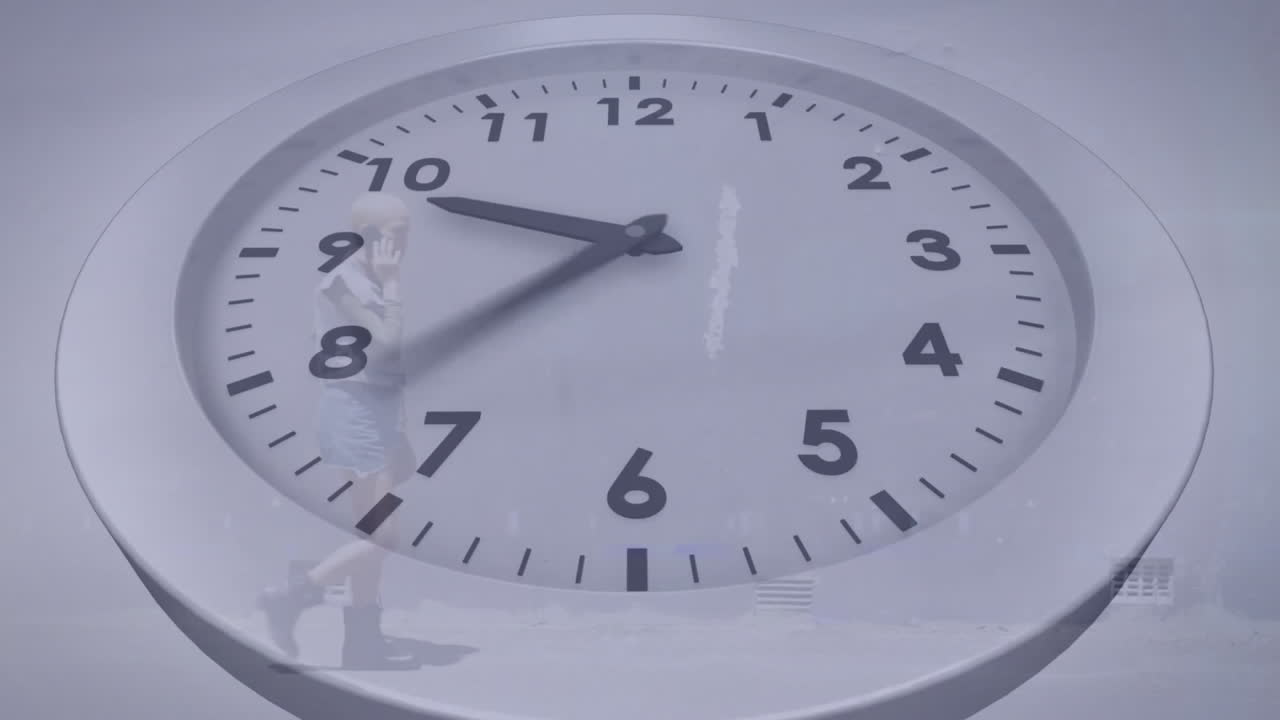Premium stock video - Animation of clock ticking fast over woman on the ...