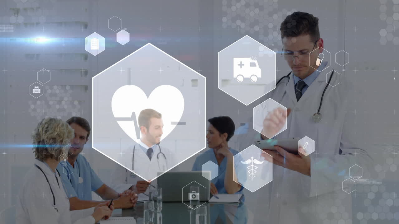 Medical icons and data processing animation over doctors discussing in ...