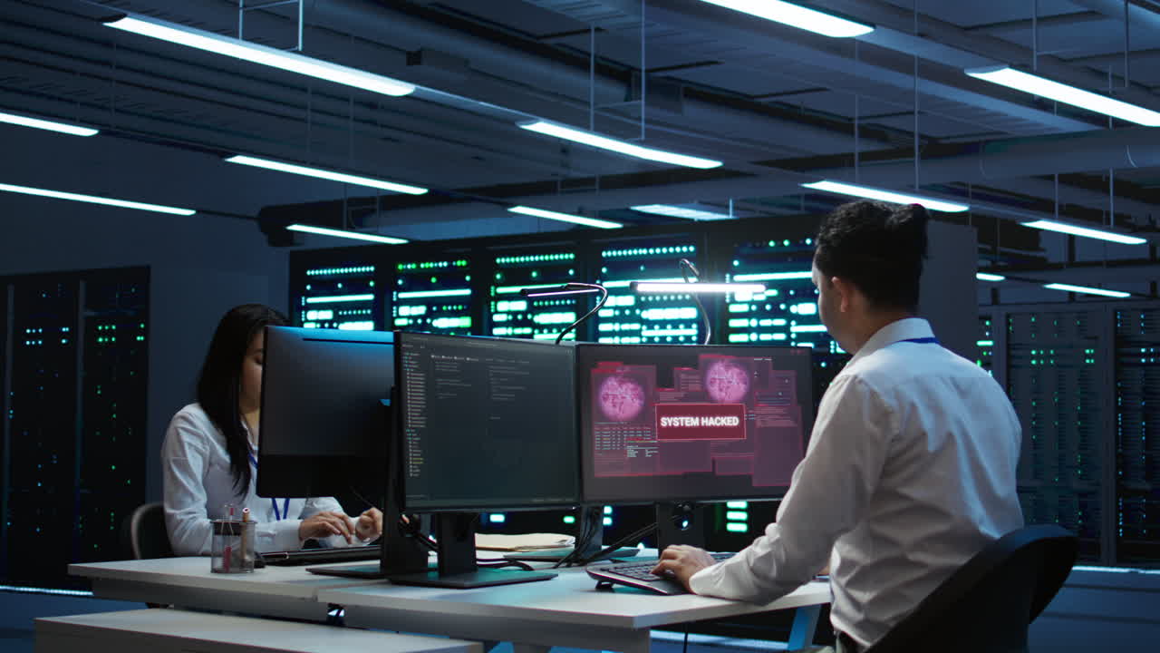 Team of programmers in server hub trying to protect hardware from hacker Premium Stock Video Footage