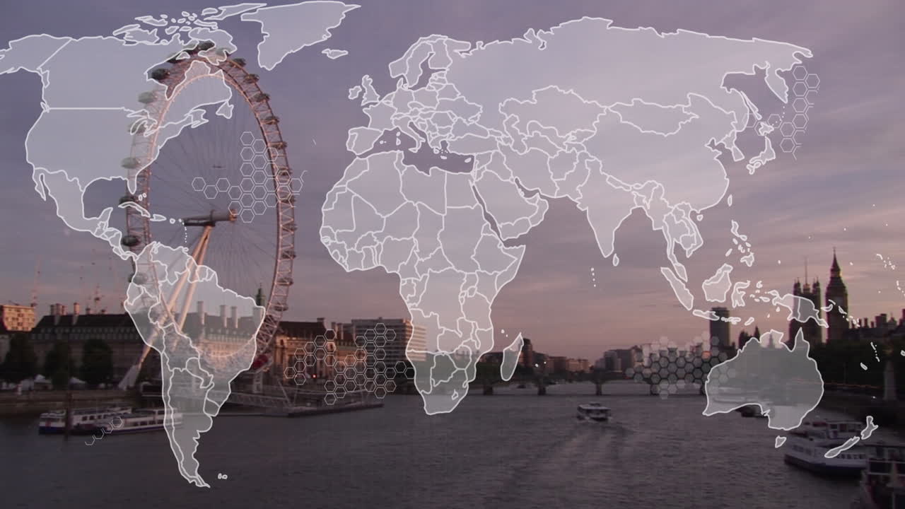 Animation of shapes and world map over london cityscape | Premium Stock ...