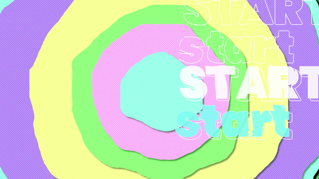 Animation of colorful layered shapes with repeated start text in ...