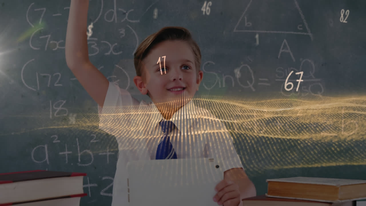 Premium stock video - Animation of moving math formulas and data processing over school boy