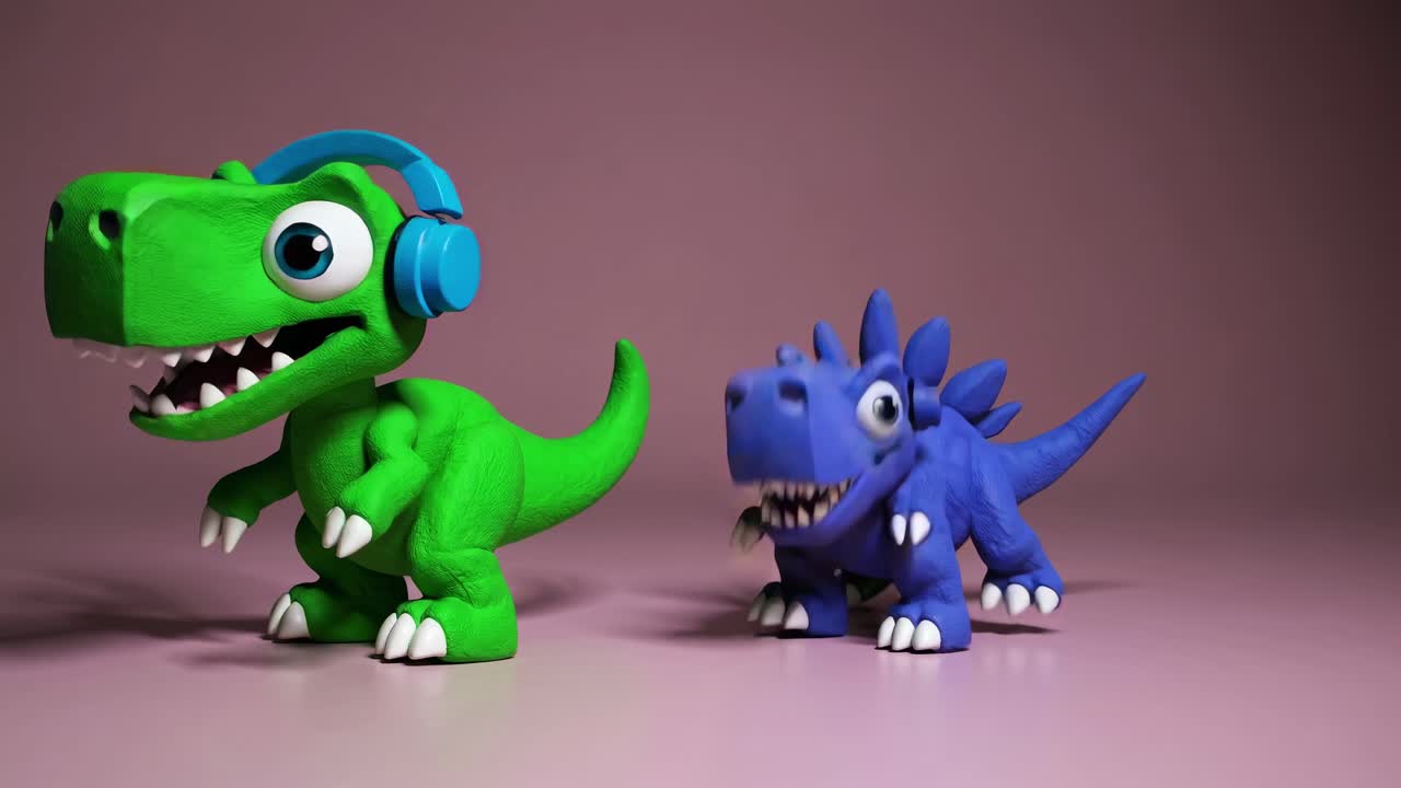 Cartoon dinosaurs dancing, green t rex with headphones grooving ...