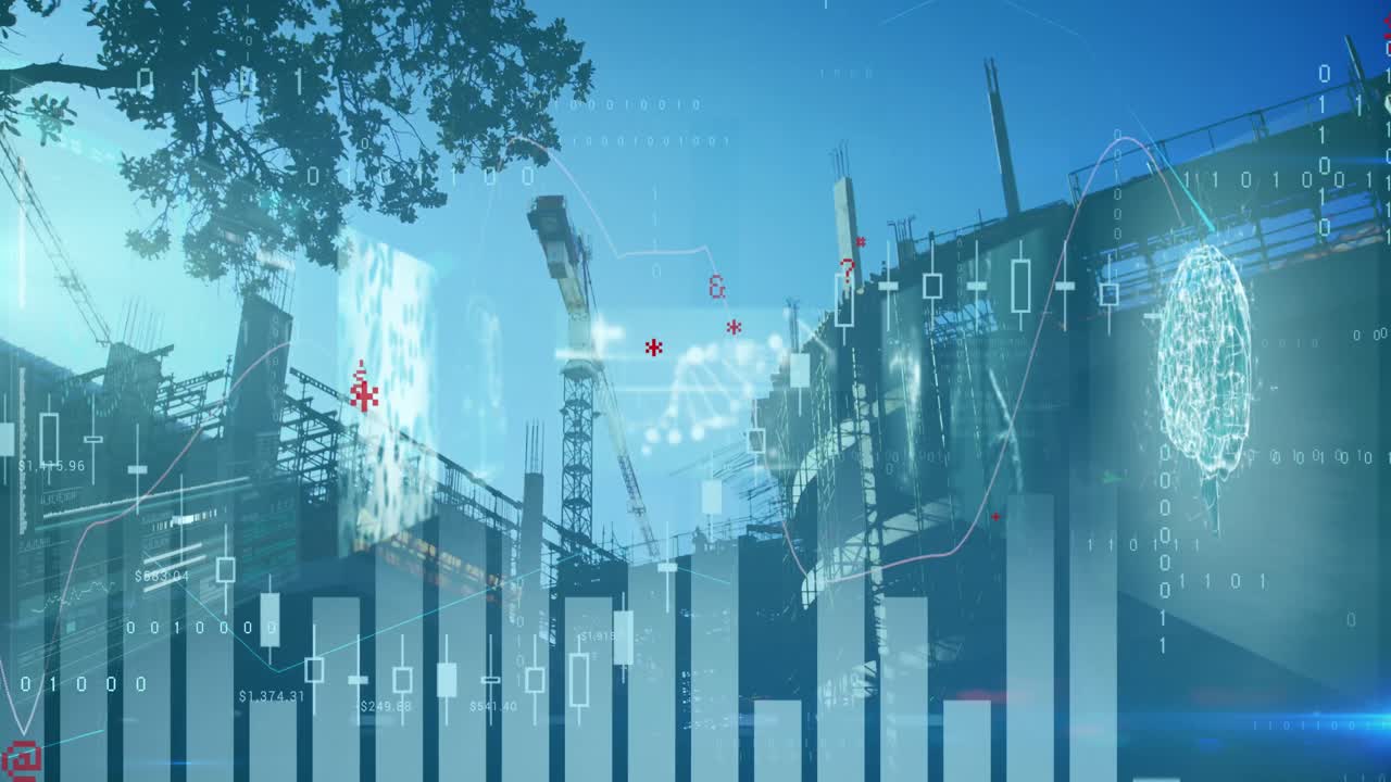 Digital Animation Of Moving Graphs Coding And Binary Data Dna Helix Over Construction Site