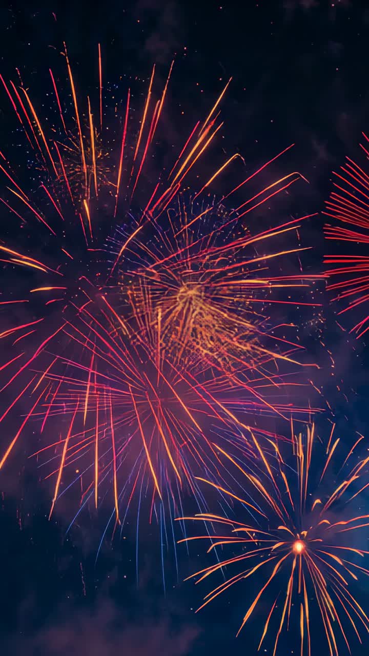 Vertical video: Launch trails lifting aerial shells bursting over dark ...