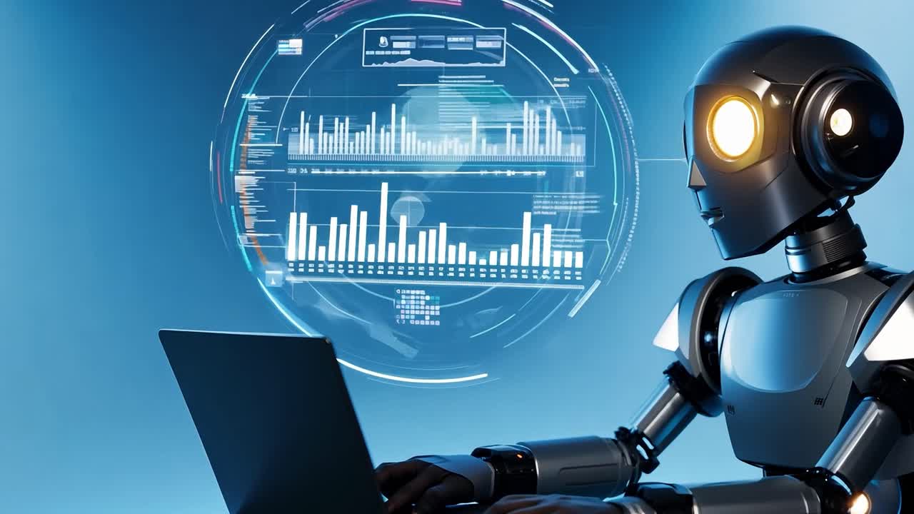 Robot working on data analytics and charts Premium Stock Video Footage