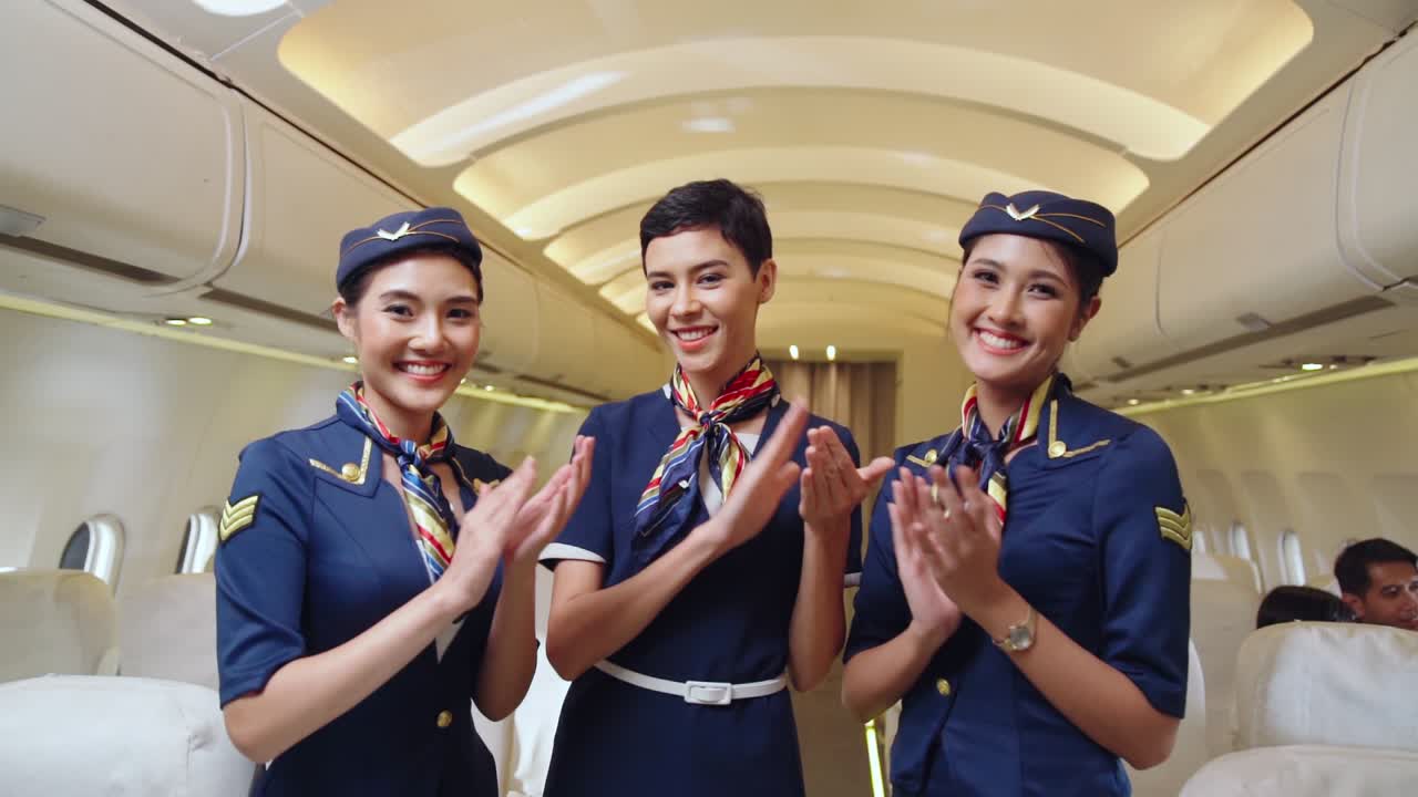 Premium stock video - Cabin crew clapping hands in airplane