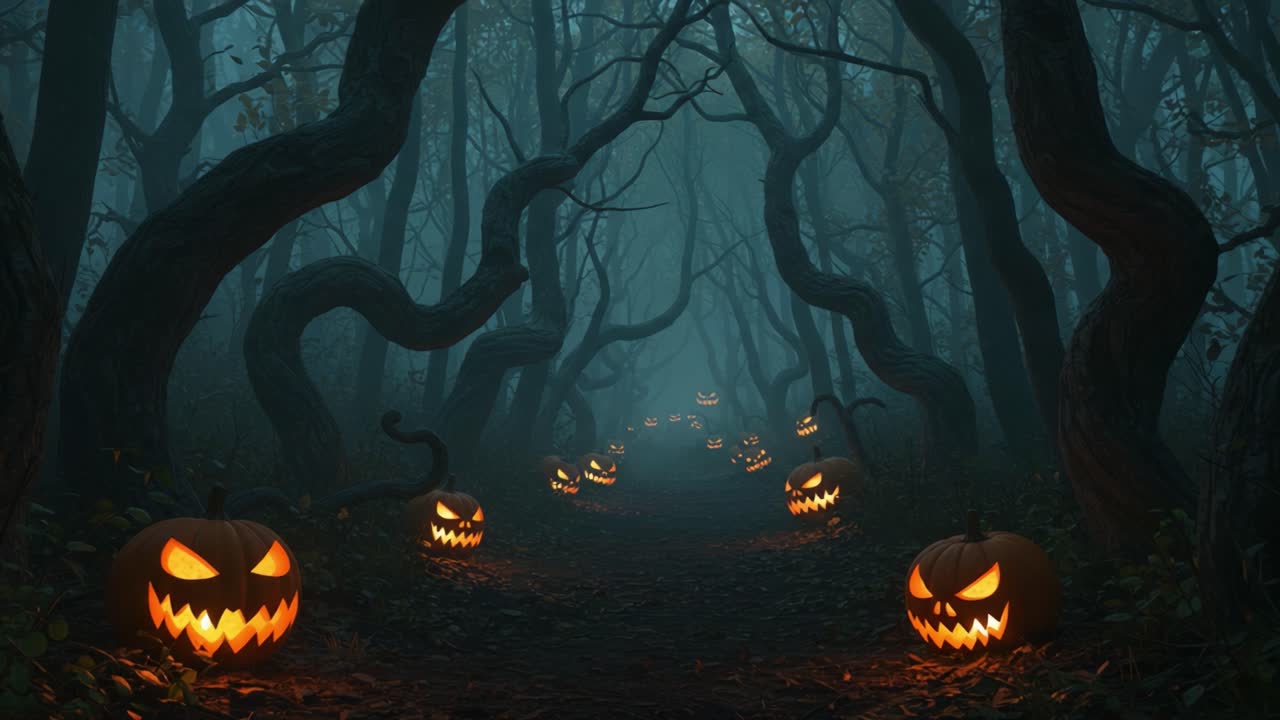 A sinister Halloween forest scene with twisted trees shrouded in mist ...
