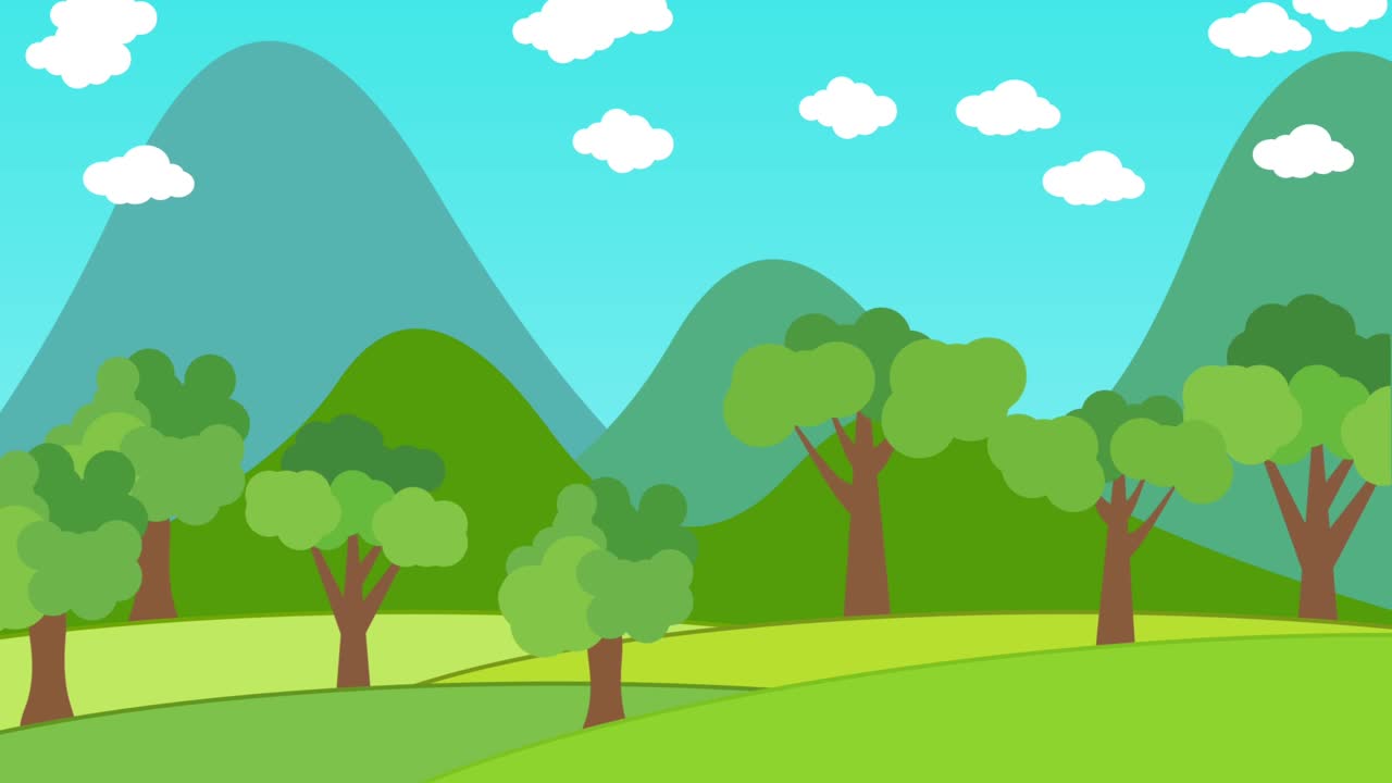 Waving trees in wind cartoon animation. Mountains, clouds and trees ...