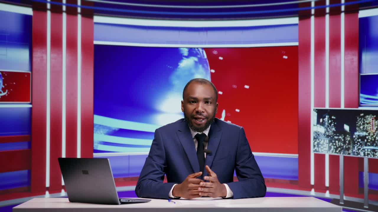 African american news anchor in studio Premium Stock Video Footage