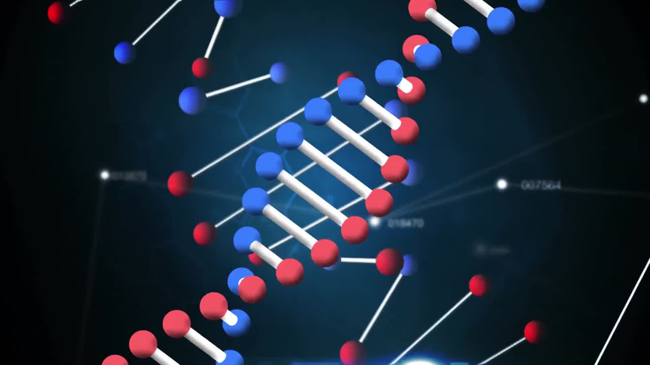Animation of dna strain spinning with a web of connections on blue and ...