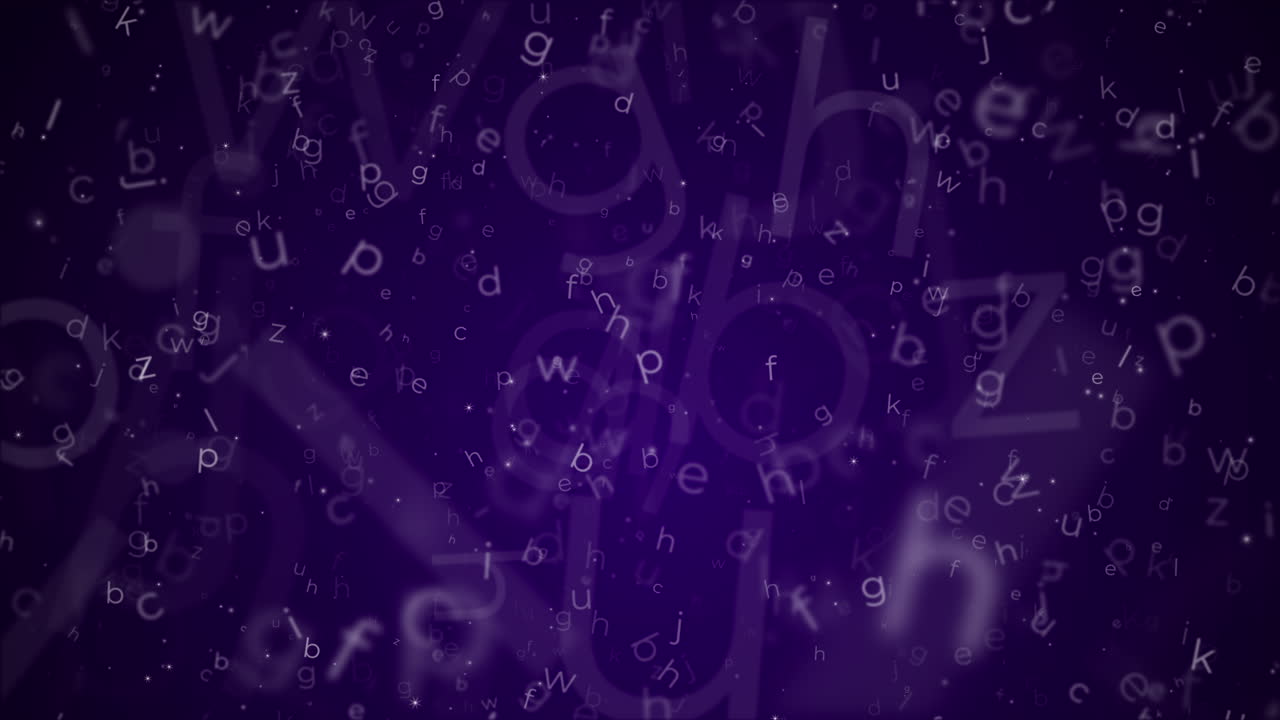Random arabic alphabet particles on dark purple background. Loop motion ...