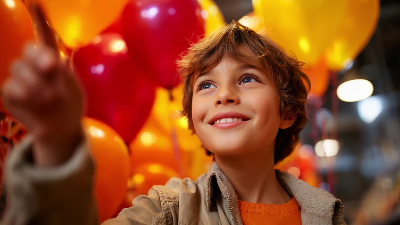 A joyful young boy delighting in a colorful array of balloons, pointing ...