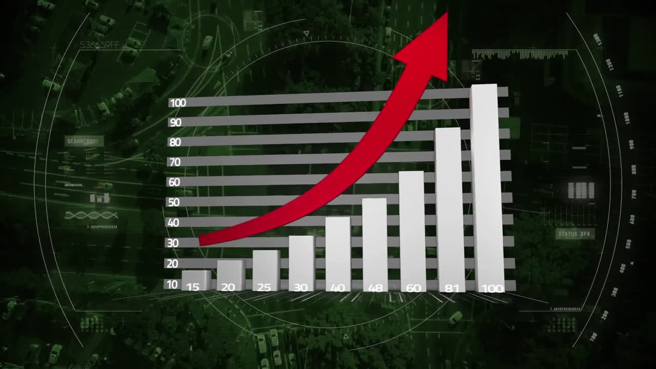 Animation of statistics with red arrow, data processing and scanning on ...