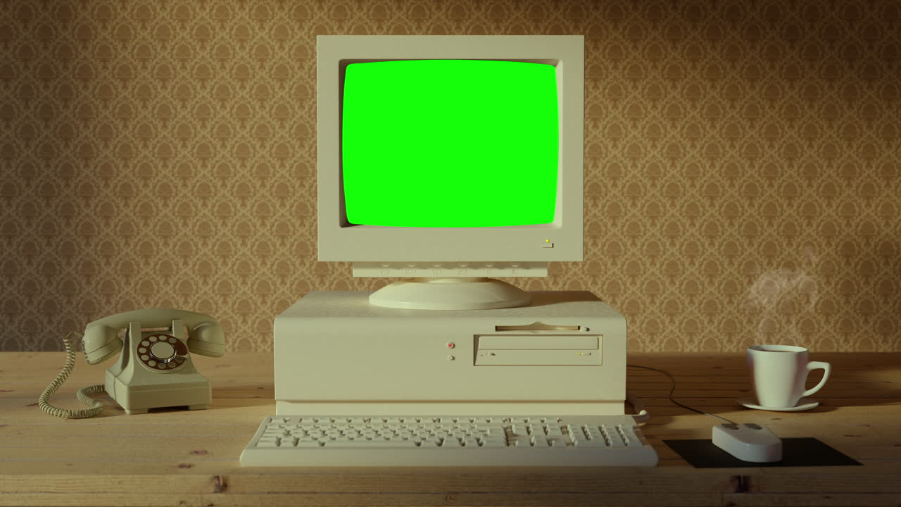 Vintage Old Computer Turn ON And OFF With Glitch Green Screen Obsolete ...