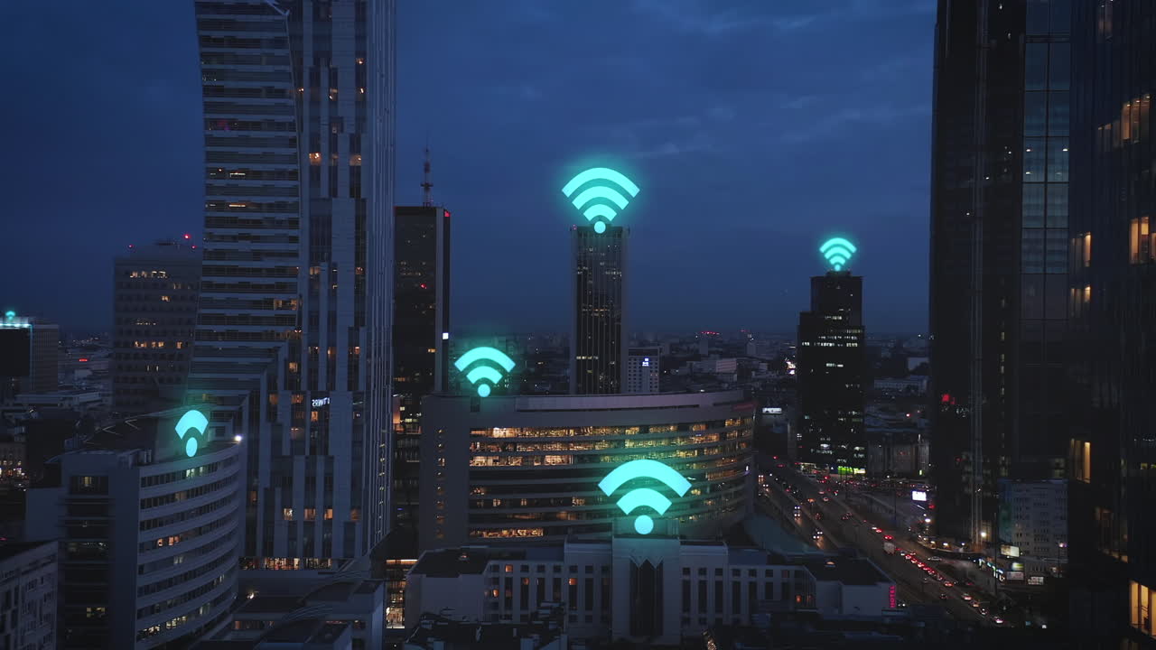 Evening Aerial Footage Of Modern City Borough With High Rise Buildings. Computer Added Wifi ...