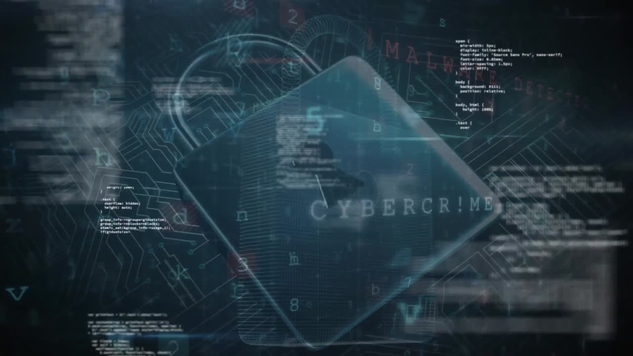 Animation Of Texts, Numbers, Letters ,computer Language Over Padlock Against Circuit Board ...