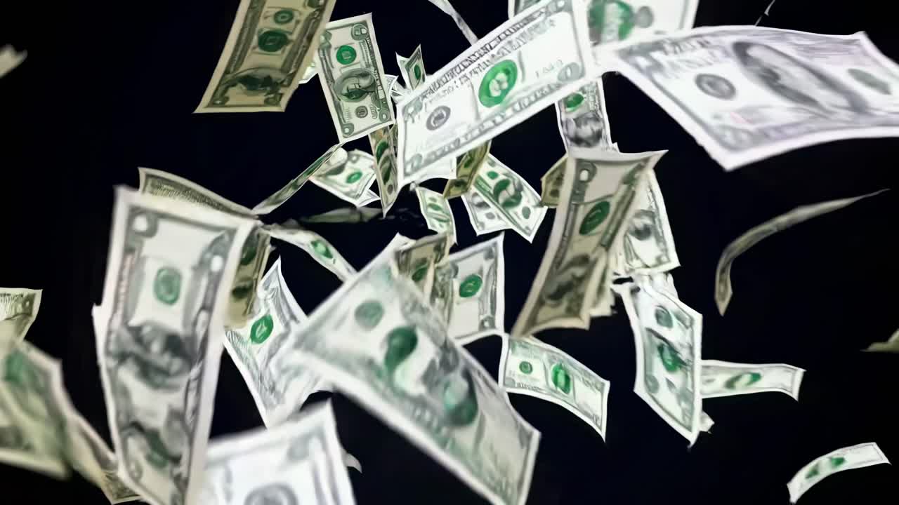 Aerial view video of dollar bills floating in mid-air against a dark background, creating a ...
