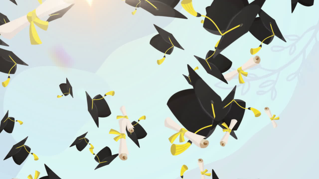 Premium stock video - Animation of graduation cap icons on blue background